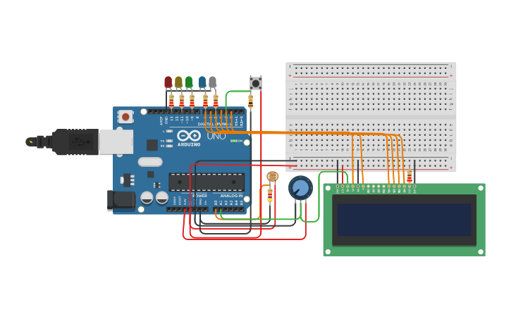 Circuit design LDR, BUTTON include LCD(blink) - Tinkercad