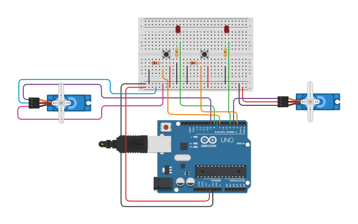 Circuit design Dos Servomotores con dos botones - Tinkercad