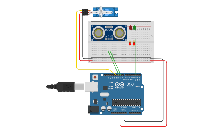 Circuit design puerta sensor dist y servo con leds SPD | Tinkercad Circuit design puerta sensor dist y servo con leds SPD | Tinkercad