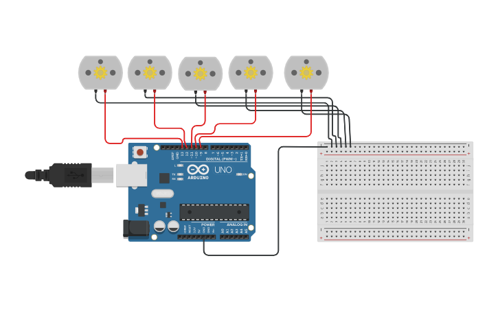 Circuit design Controling 5 motors by Text coding - Tinkercad