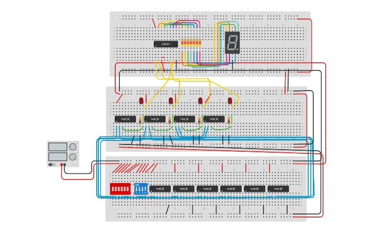 Circuit design Decodificador binário BCD com display de 7 segmentos - Tinkercad