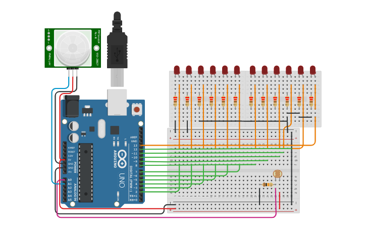 Circuit design Smart Street lights - Tinkercad