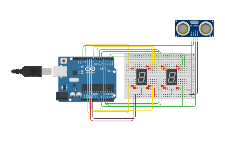Circuit design Seven segment Ultrsonic - Tinkercad