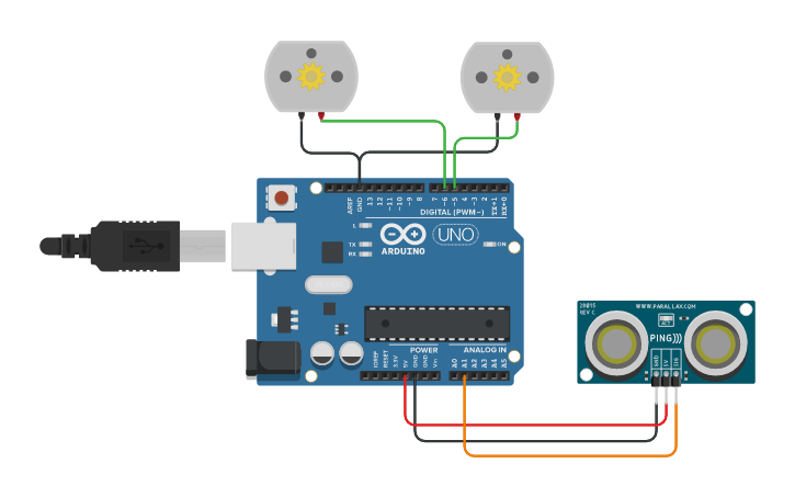 Circuit design ARDUINO DC MOTOR DAN ULTRASONIC DICTANCE SENSOR - Tinkercad