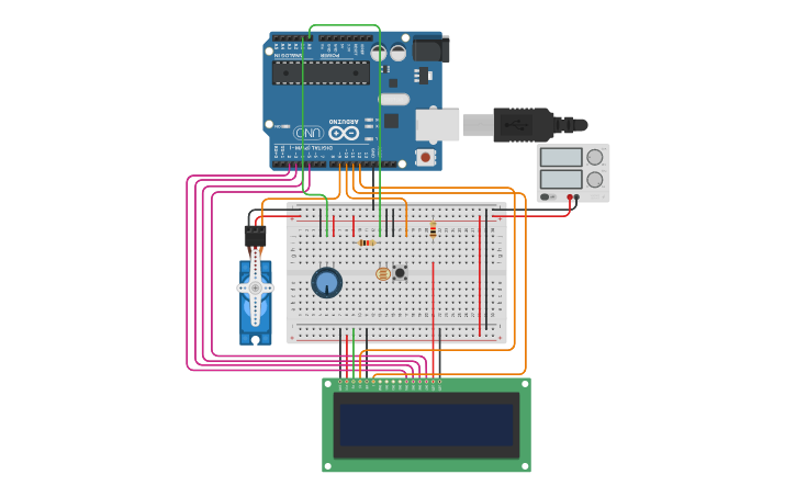 Circuit design LCD + Servo - Tinkercad