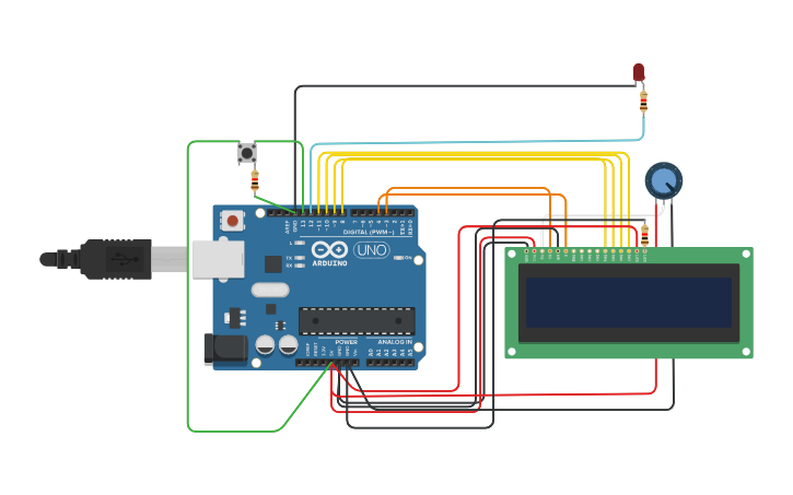 Circuit design LED control Display with pushbutton - Tinkercad