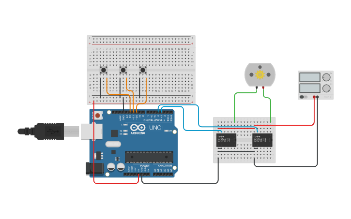 Circuit design Bruno Debeuf - Motorsturing met 2 relais - Tinkercad