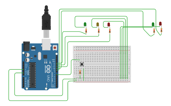 Circuit Design Arduino Program To Traffic System Using Push Button Tinkercad