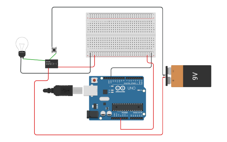 Circuit design controlling the bulb using push button and relay - Tinkercad