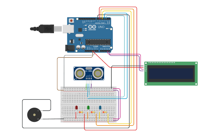Circuit design Ultrasonic Sensor with LED and Buzzer final exam - Tinkercad