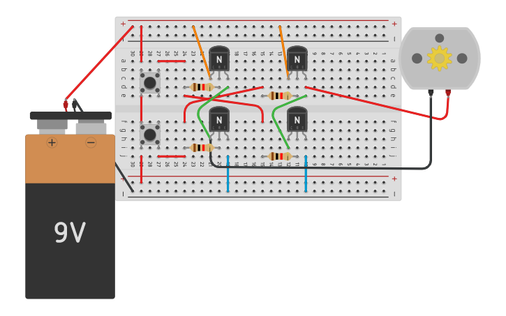 Circuit design Inversion de giro con Transistor 2N222A - Tinkercad