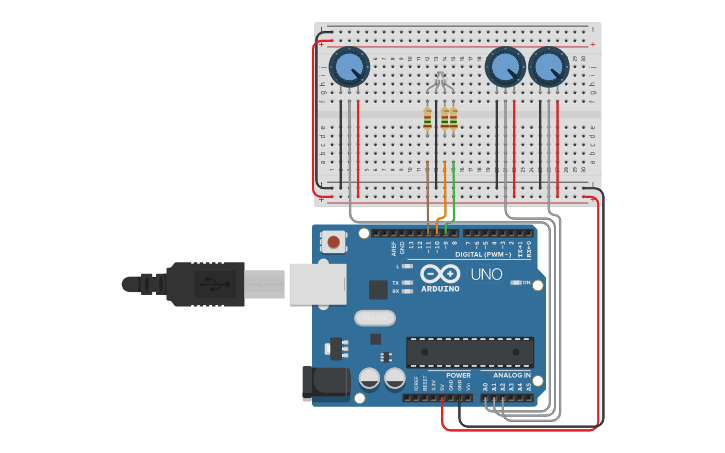 Circuit design Desafio 6 - Led RGB com três potenciômetros | Tinkercad