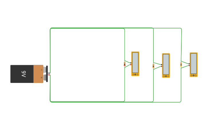 Circuit design 8. Medir caídas de voltaje con 3 Resistencias en paralelo - Tinkercad