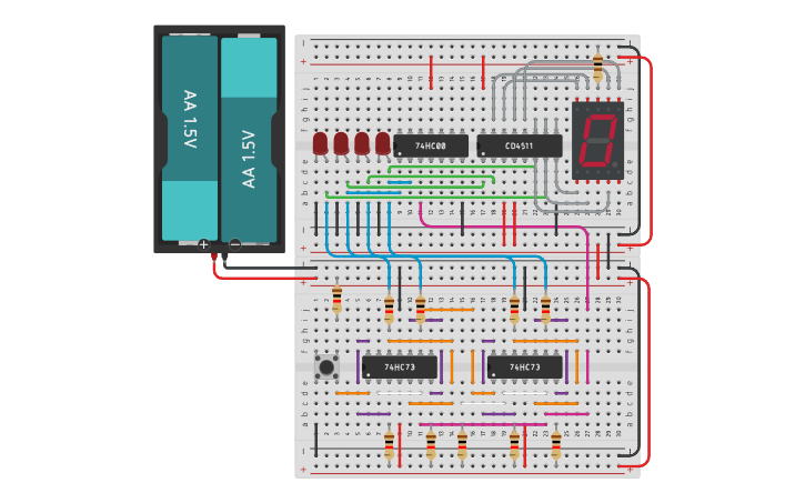 Circuit Design 4 Bits Asynchronous Counter Modulo 10 Tinkercad