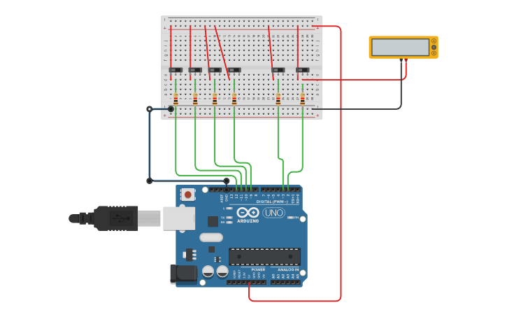 Circuit design multiplexer accensione led | Tinkercad