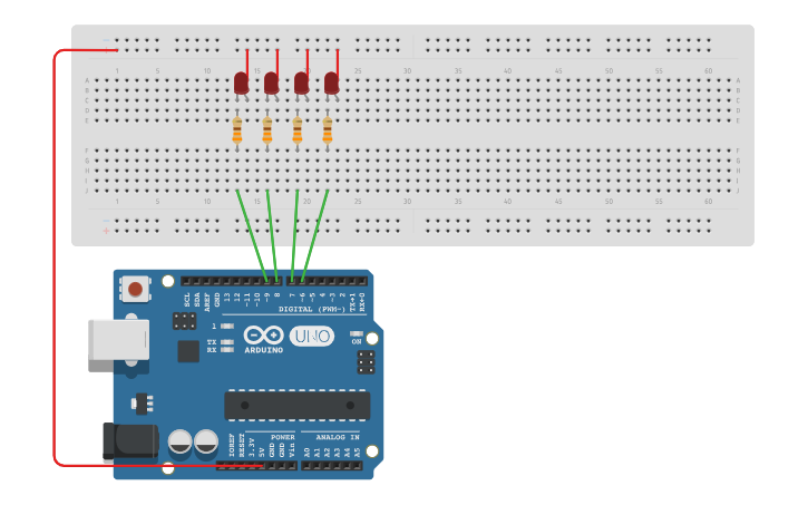 Circuit design 4 LED shift Circuit - Tinkercad