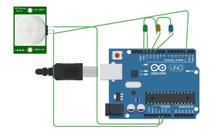 Circuit design Motion Sensor LED - Tinkercad