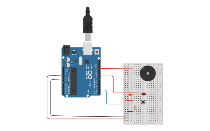 Circuit design Pràctica 11.Activar alarma sonora y visual - Tinkercad