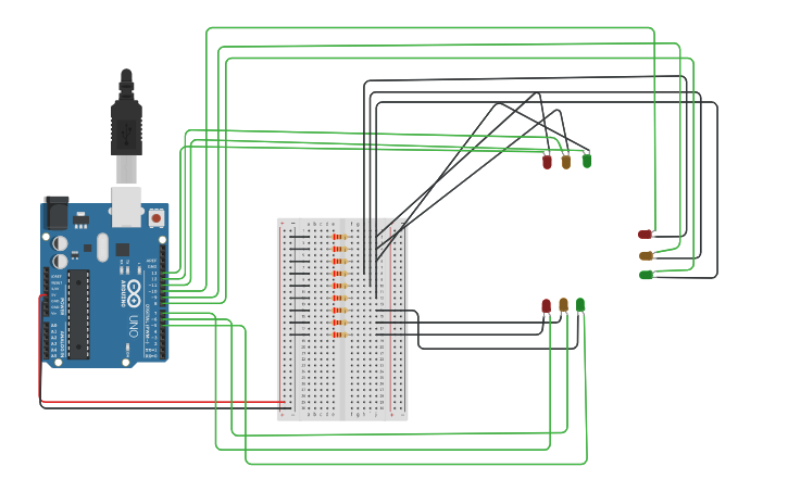Circuit design 3 way traffic light system - Tinkercad