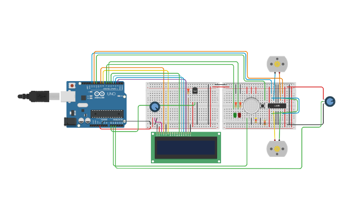 Circuit design LCD + TMP + Gas + 2DCMotor | Tinkercad