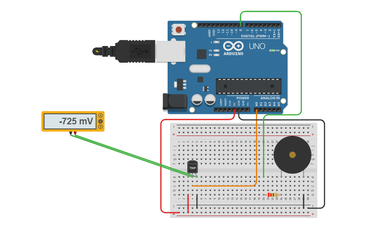 Circuit design Thermistor + Alarm - Tinkercad