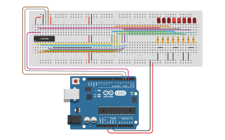 Circuit design Super Shift Register 74HC595 - Tinkercad