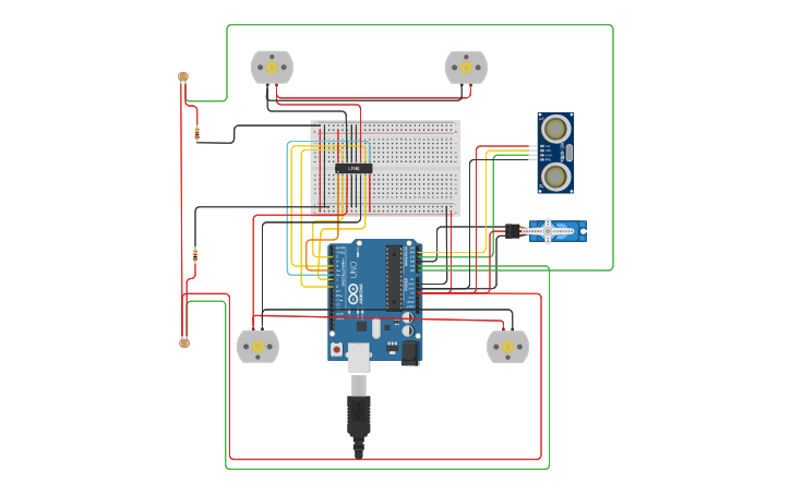Circuit design Line Following and Obstacle Avoiding Car - Tinkercad