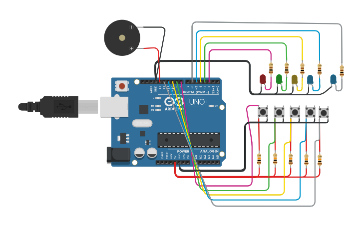 Circuit design Simon Dice 5 LEDS -Ittux - Tinkercad