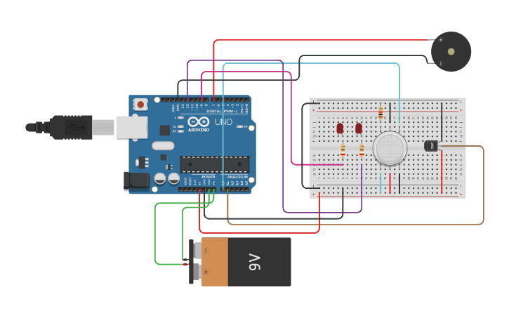 Circuit design fire and smoke gas detector alarm - Tinkercad