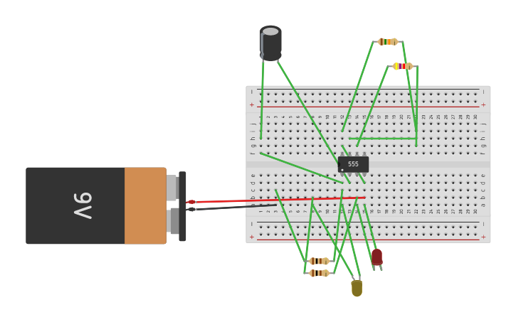 Circuit design Flashing LED circuit | Tinkercad
