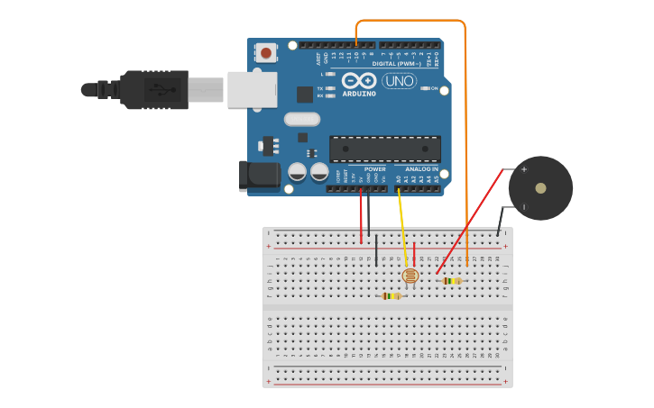 Circuit design Sensor de presença com lazer e efeito sonoro | Tinkercad