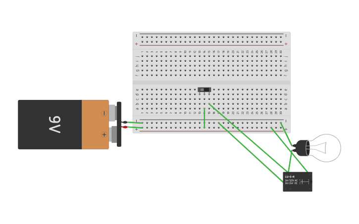 Circuit design relay lamp battery switch - Tinkercad