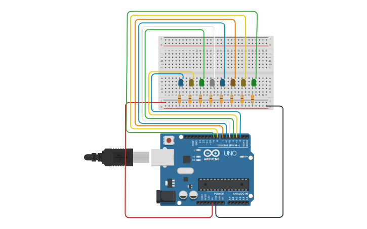 Circuit design E-4 Multiple LEDS - Tinkercad