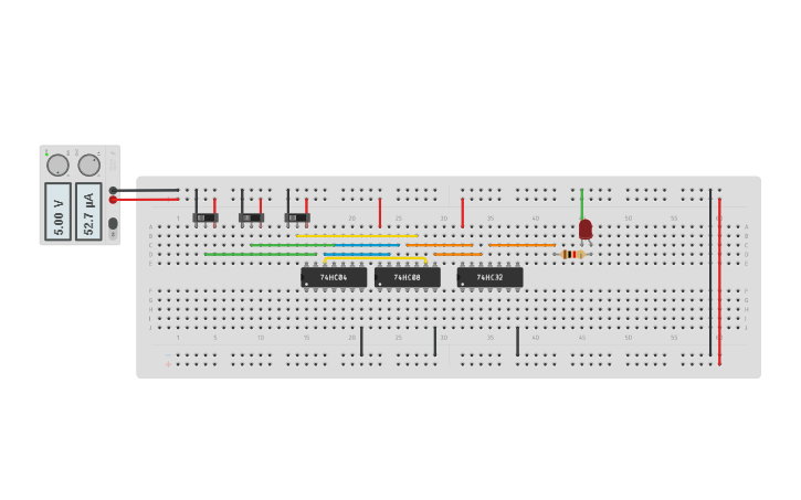 Circuit design A'B + B'C using basic gates | Tinkercad