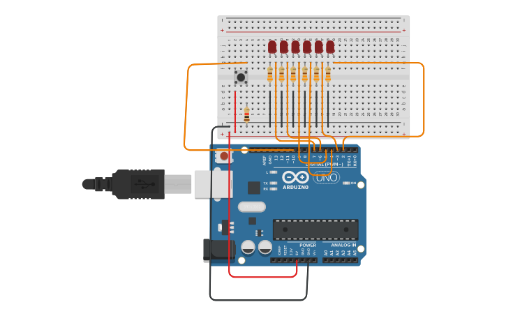 Circuit design LEDS LOOP MET BUTTON - Tinkercad