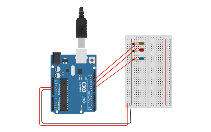 Circuit design 3 LEDs blink - Tinkercad