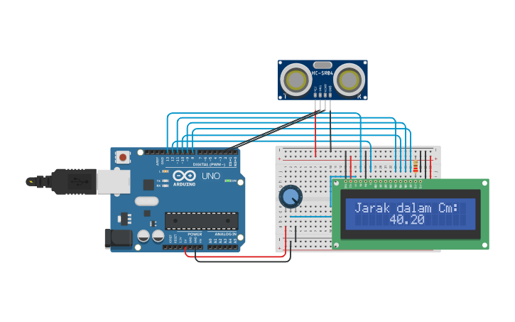 Circuit design Project Arduino Sensor Ultrasonik - Farhan - Tinkercad