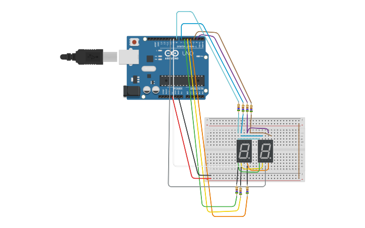 Circuit design 2 Display Led de 7 segmentos multiplexado - Tinkercad Circuit design 2 Display Led de 7 segmentos multiplexado - Tinkercad
