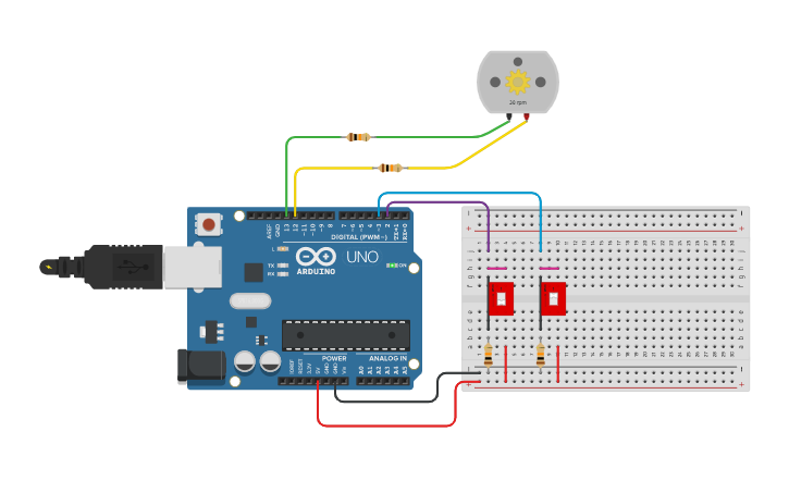 Circuit design Arduino DC Motor - clockwise & counter rotation with dip switch - Tinkercad