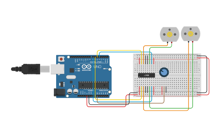 Circuit Design Controlling 2 Dc Motors With 1 Potentiometer Tinkercad