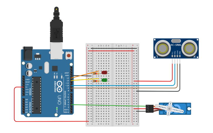 Circuit design Sensor and LED boom-gate - Tinkercad