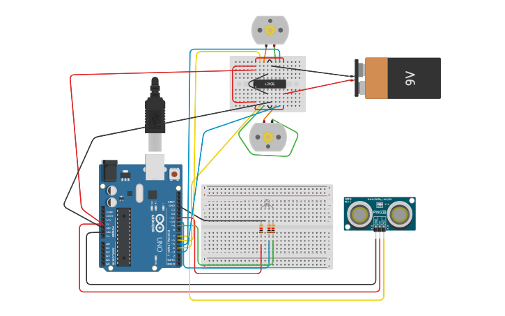 Circuit design Ultrasonic sensor with dc motor - Tinkercad