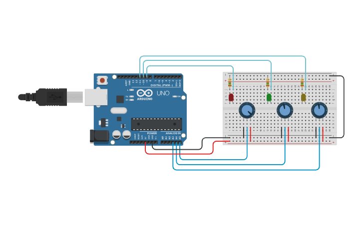 Circuit design 8. Potenciometro con 3 colores - Tinkercad