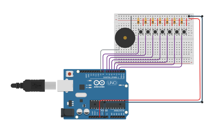 Circuit design Piano buzzer - Tinkercad