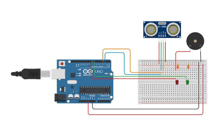Circuit design Building Intrusion Detection System with Ultrasonic Sensor - Tinkercad