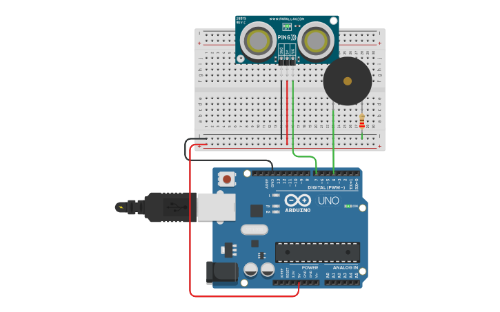 Circuit design sensor de distancia - buzzer - Tinkercad