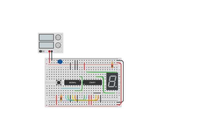 Circuit design 7 segment, using cd4511 and 74hc93 - Tinkercad