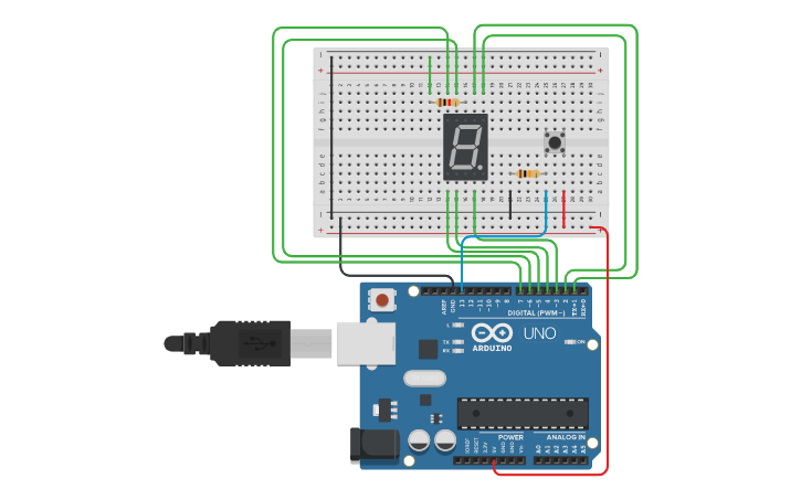 Circuit design Práctica 07 Display de siete segmentos | Tinkercad