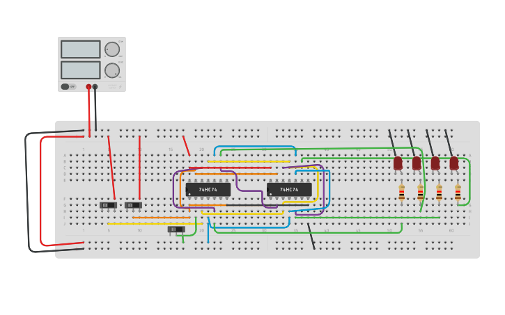 Circuit design 4 bit serial parallel out shift register - Tinkercad Circuit design 4 bit serial parallel out shift register - Tinkercad