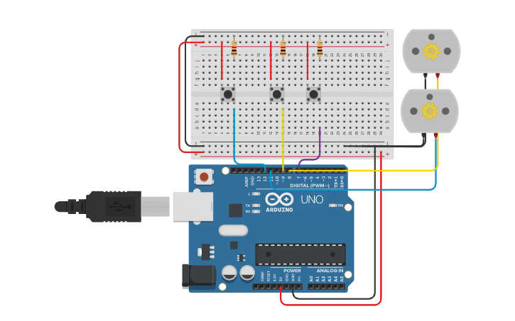 Circuit design MOTORES Y PULSADORES - Tinkercad